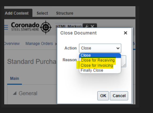Hide/Remove 'Close for Receiving' and 'Close for Invoicing' — Cloud Customer Connect