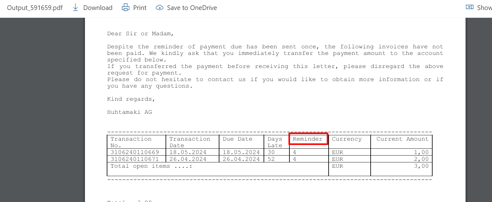 What does Reminder column in dunning letter output ? — Cloud Customer ...