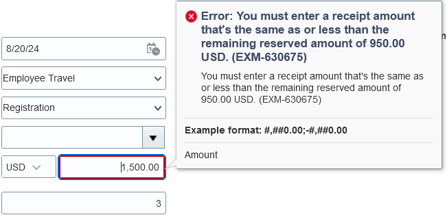 You must enter a receipt amount thats same or less than reserved amount ...
