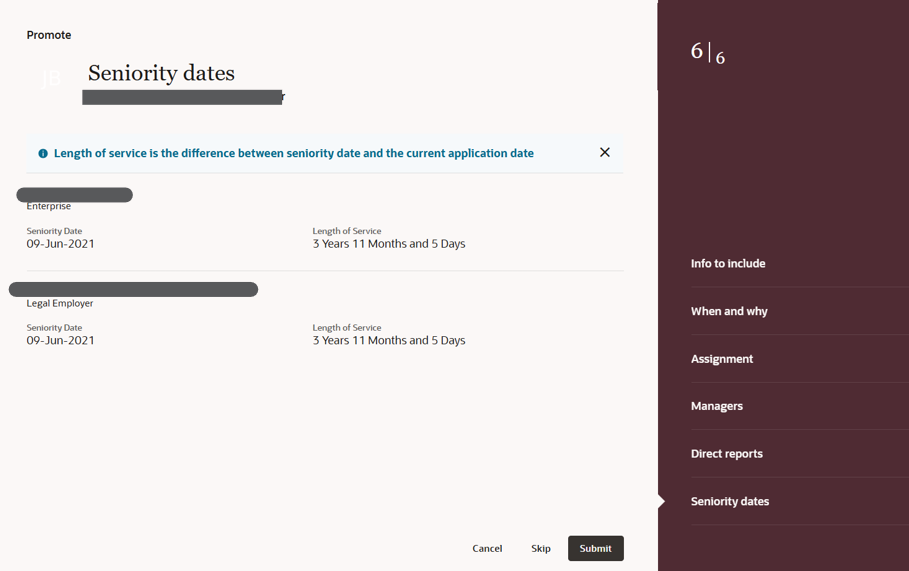 Redwood 25A: How to Hide Skip button in Seniority Dates in HR Action ...