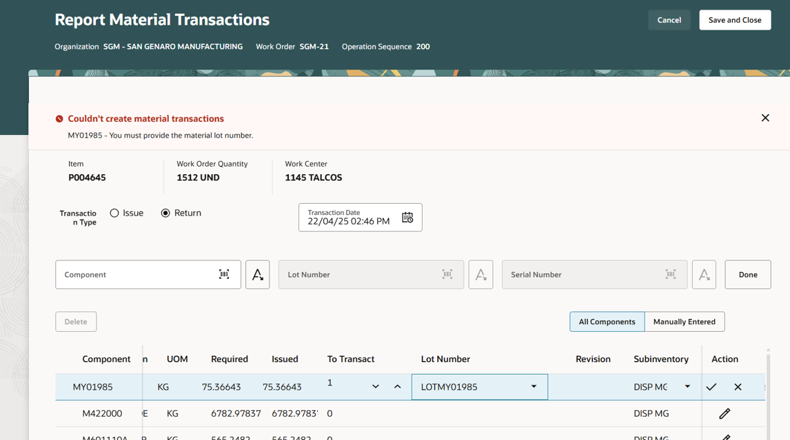 does not allow saving the lot number during return report material ...