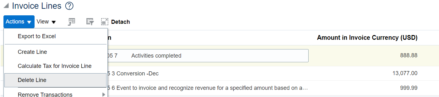 How to use the action option delete line in Edit Invoice section ...
