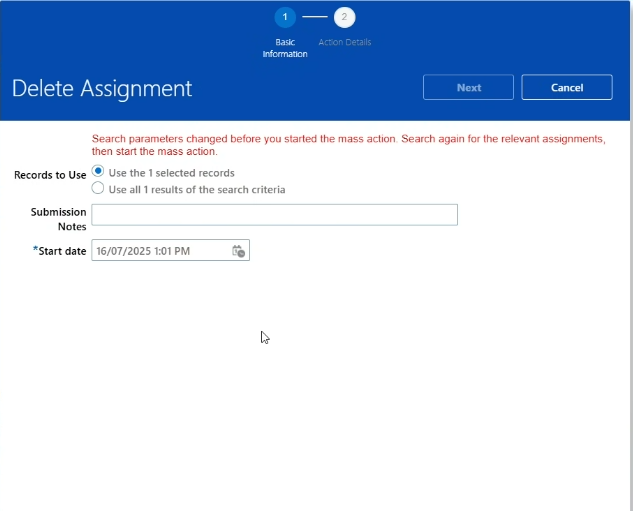 Error during use Mass Action for Oracle Learning Assignment — Cloud Customer Connect
