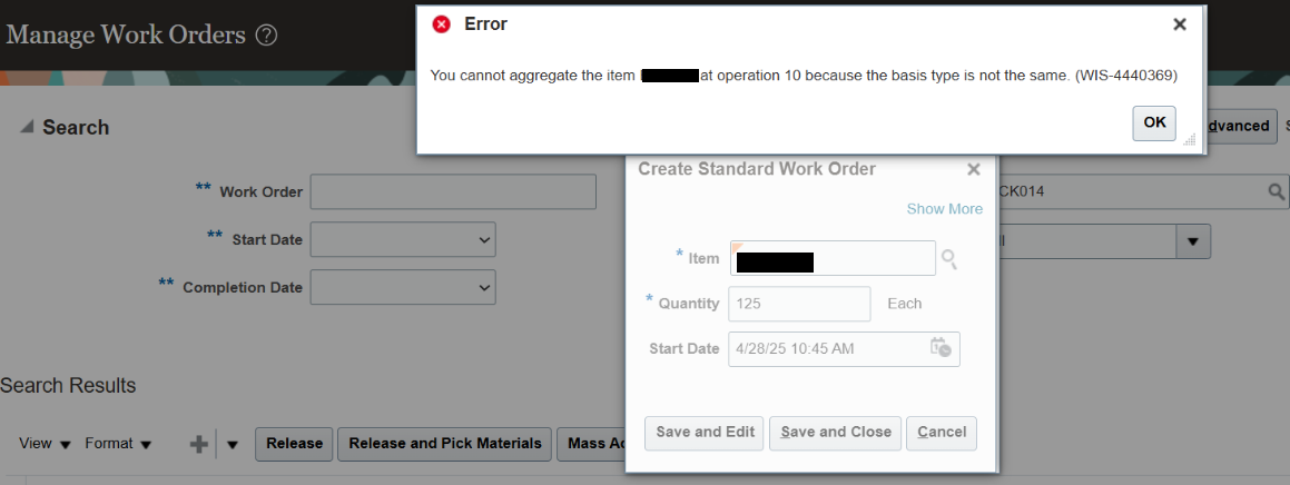 Same Item in Work Definition& work order One with Fixed and Another with Variable Basis Type ...