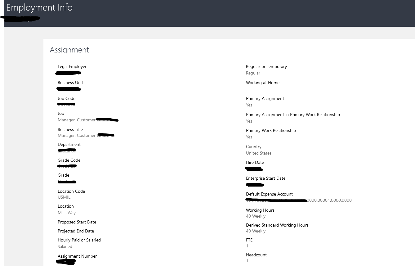 Redwood Employment Info Page Is Not Having All Fields In Assignment Section — Cloud Customer