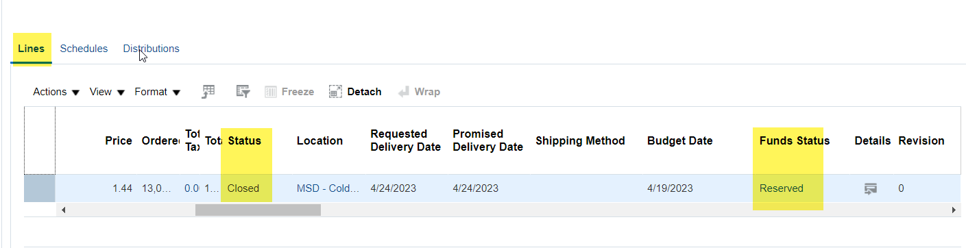 PO Line Funds status is showing reserved and Line status is closed ...
