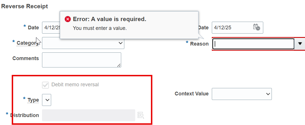 Why dont I see anything under type while doing debit memo receipt ...