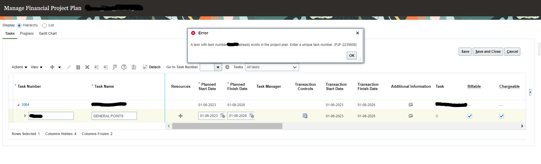 A task with task number already exists in the project plan. Enter a ...