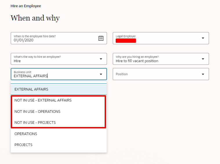 Inactive Business Unit Appearing In When And Why Section In Redwood Employment Page — Cloud