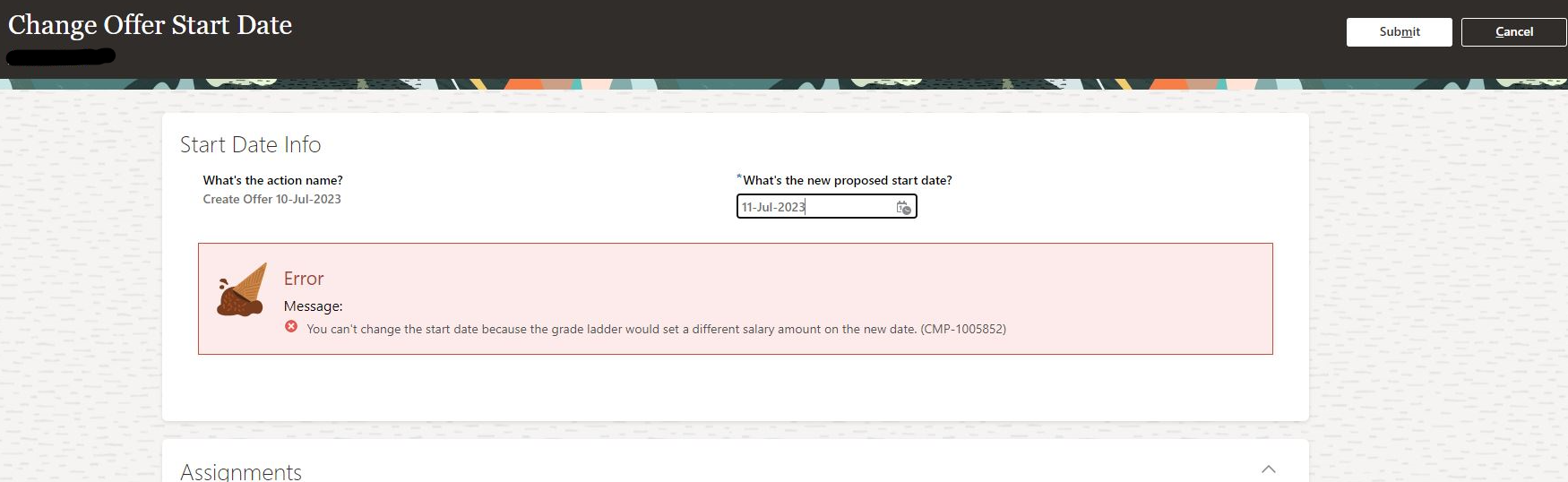 Grade Ladder error when Changing Offer Start Date — Cloud Customer Connect