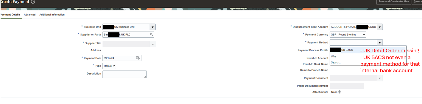 Payment method is not available in Create Payment — Cloud Customer Connect