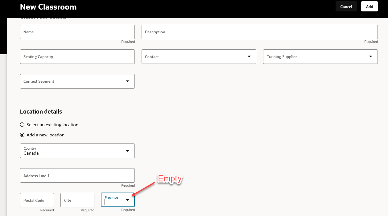Unable to select Province for Add a new Location while creating New Classroom — Cloud Customer ...