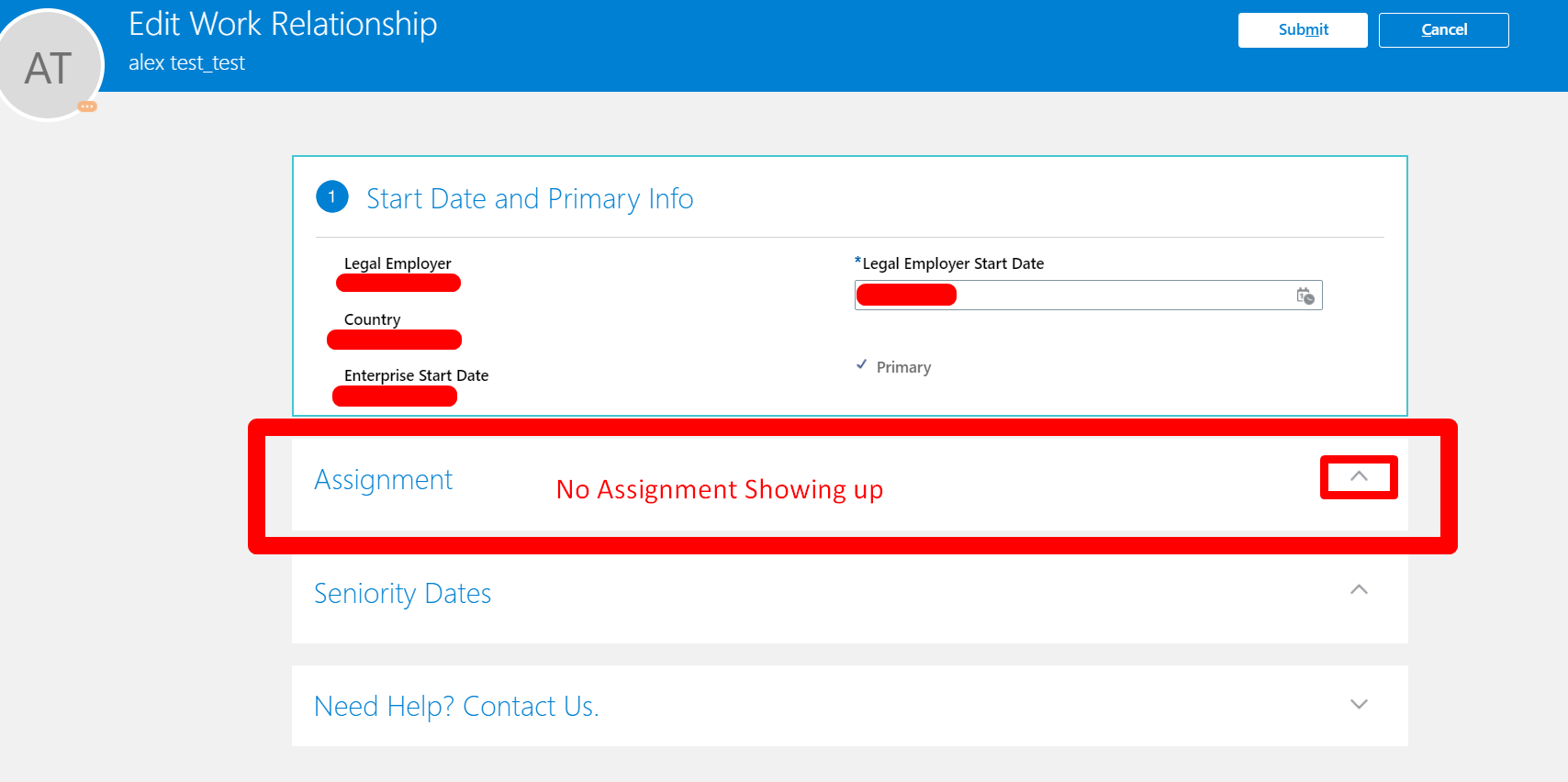 Work Relationship In Quick Action Cannot See Assignment Details — Cloud Customer Connect