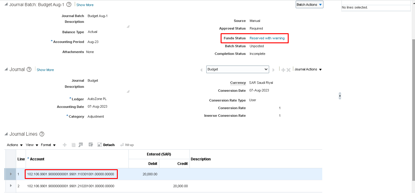 Funds Status Reserved with warning inspite of having sufficient ...