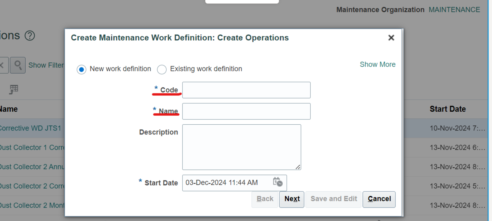 Increase Character Length for Name and Code for Standard operations and Work definition — Cloud ...