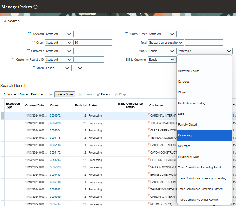 what is the lookup code for order header status — Cloud Customer Connect