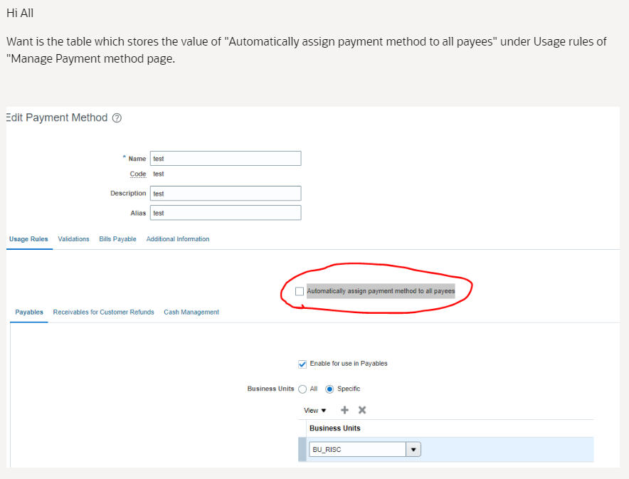 table which stores the value of "Automatically assign payment method to all payees" under Usage ...