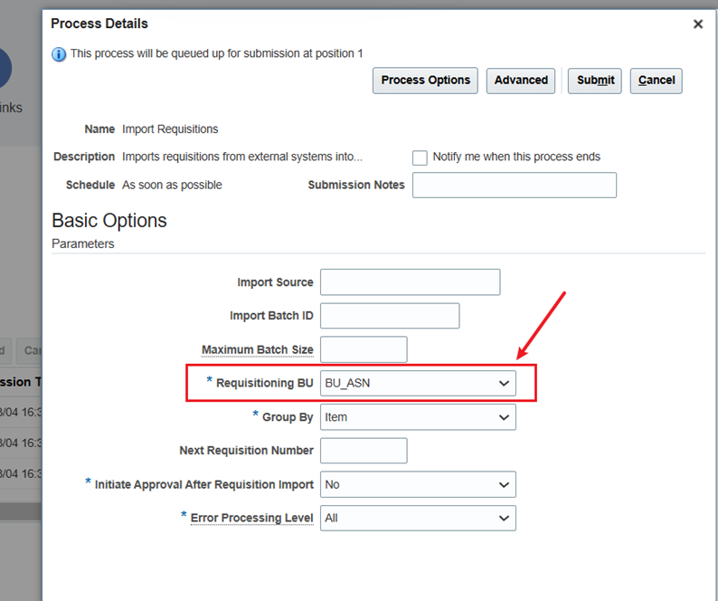 How to set default values for Requisitioning BU when lmport Requisitions in Schedule New Process ...