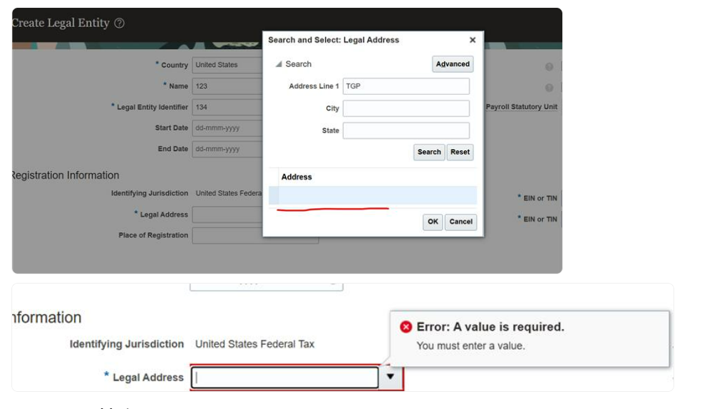 Unable to add legal address during Legal entity creation — Cloud Customer Connect