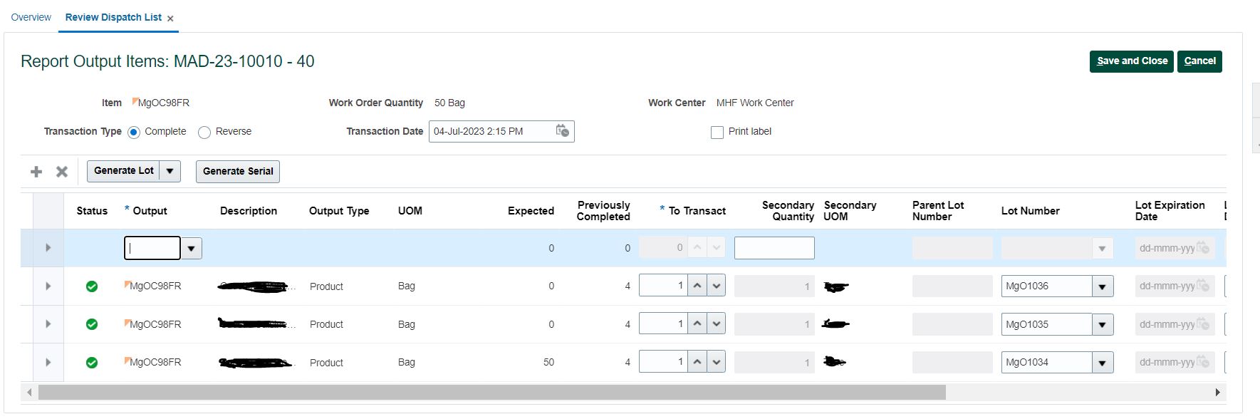 Auto generation of multiple lines of output during work order ...
