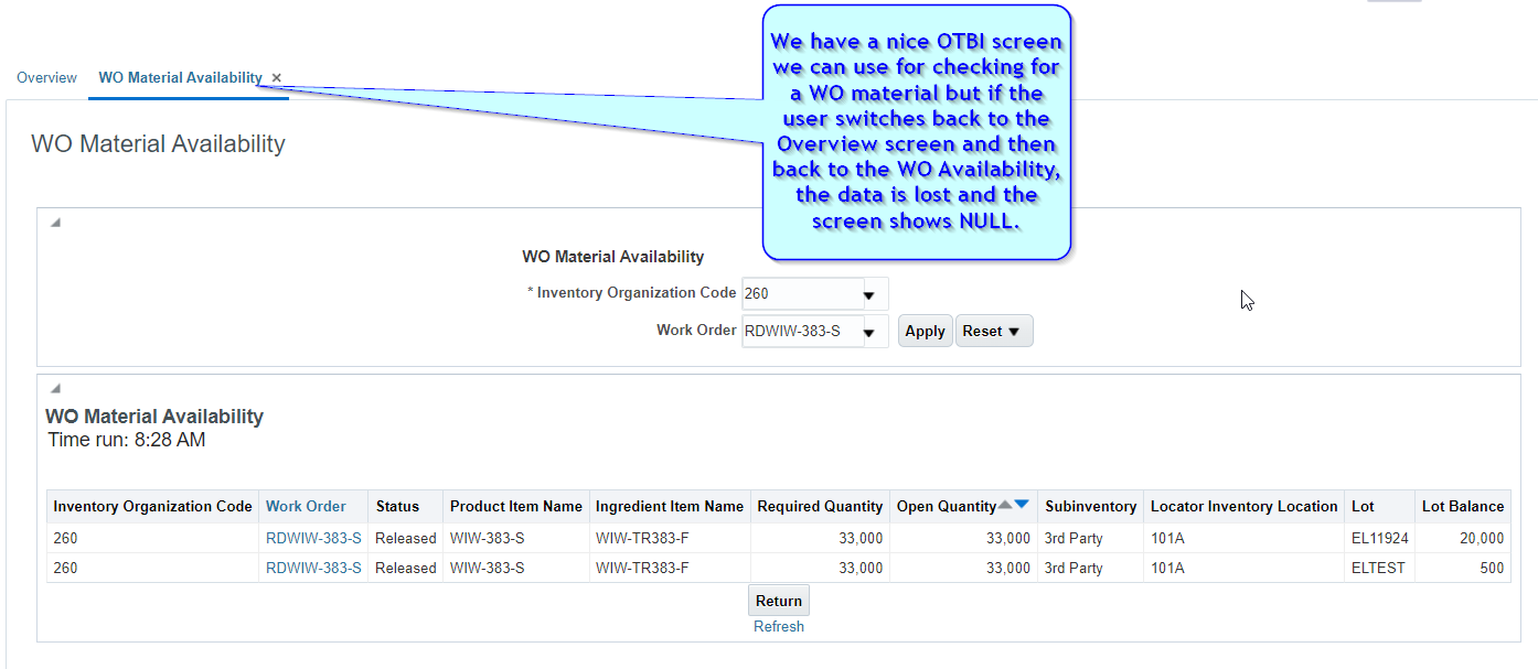 How do I stop my OTBI screen from going Null when the user leaves and ...
