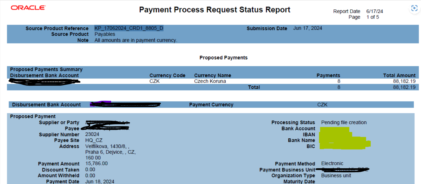 Payment Process Request Status Report: Supplier Bank Account not ...
