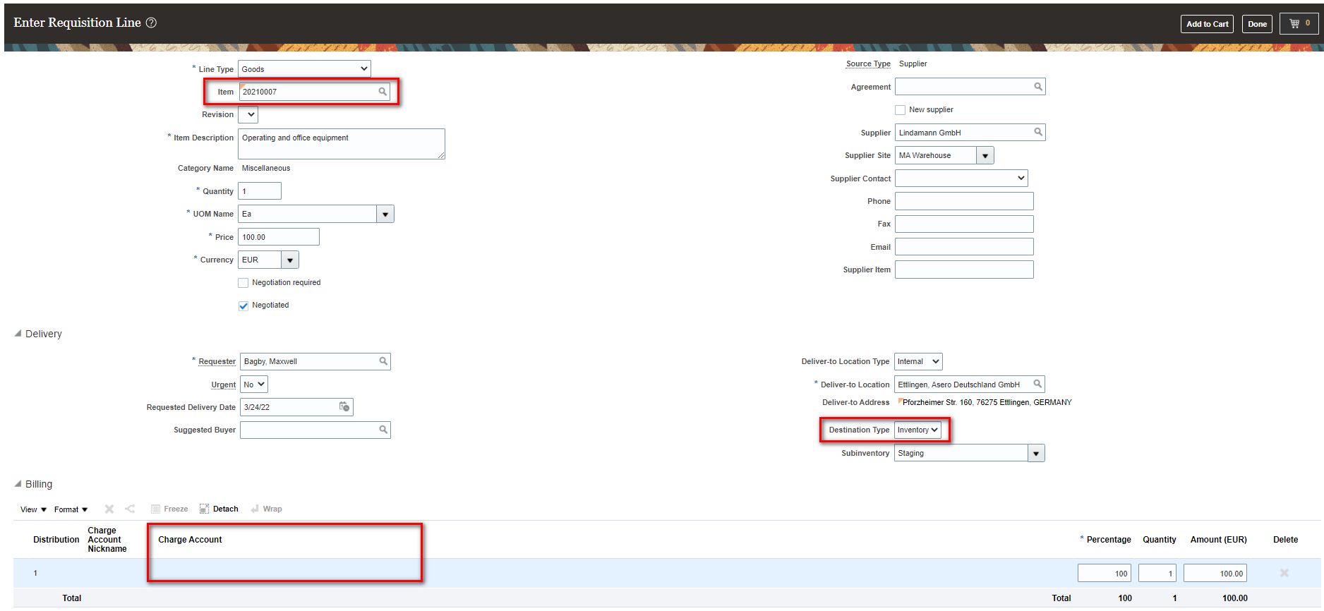 Charge account no defaulting and cannot be manually edited when destination equals inventory ...