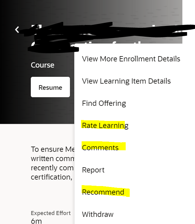 Redwood Learning Hide Some Options In Action Dropdown In Learning Course — Cloud Customer Connect