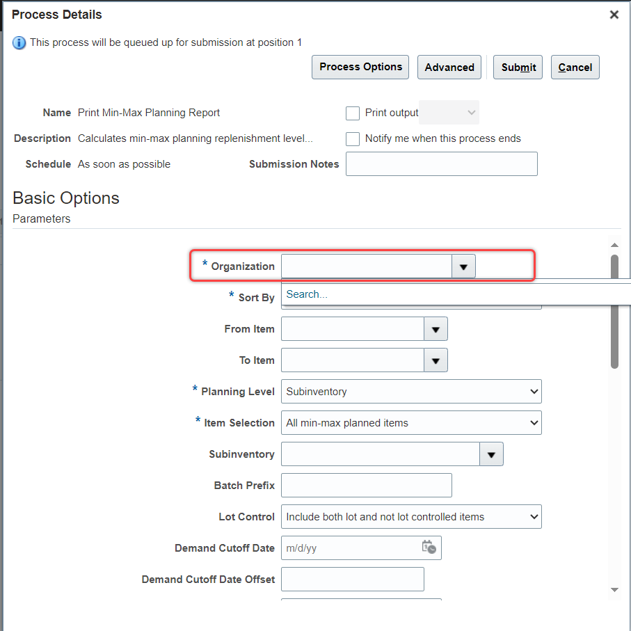 "Print Min-Max Planing Report" Organization LOV not populating — Cloud ...