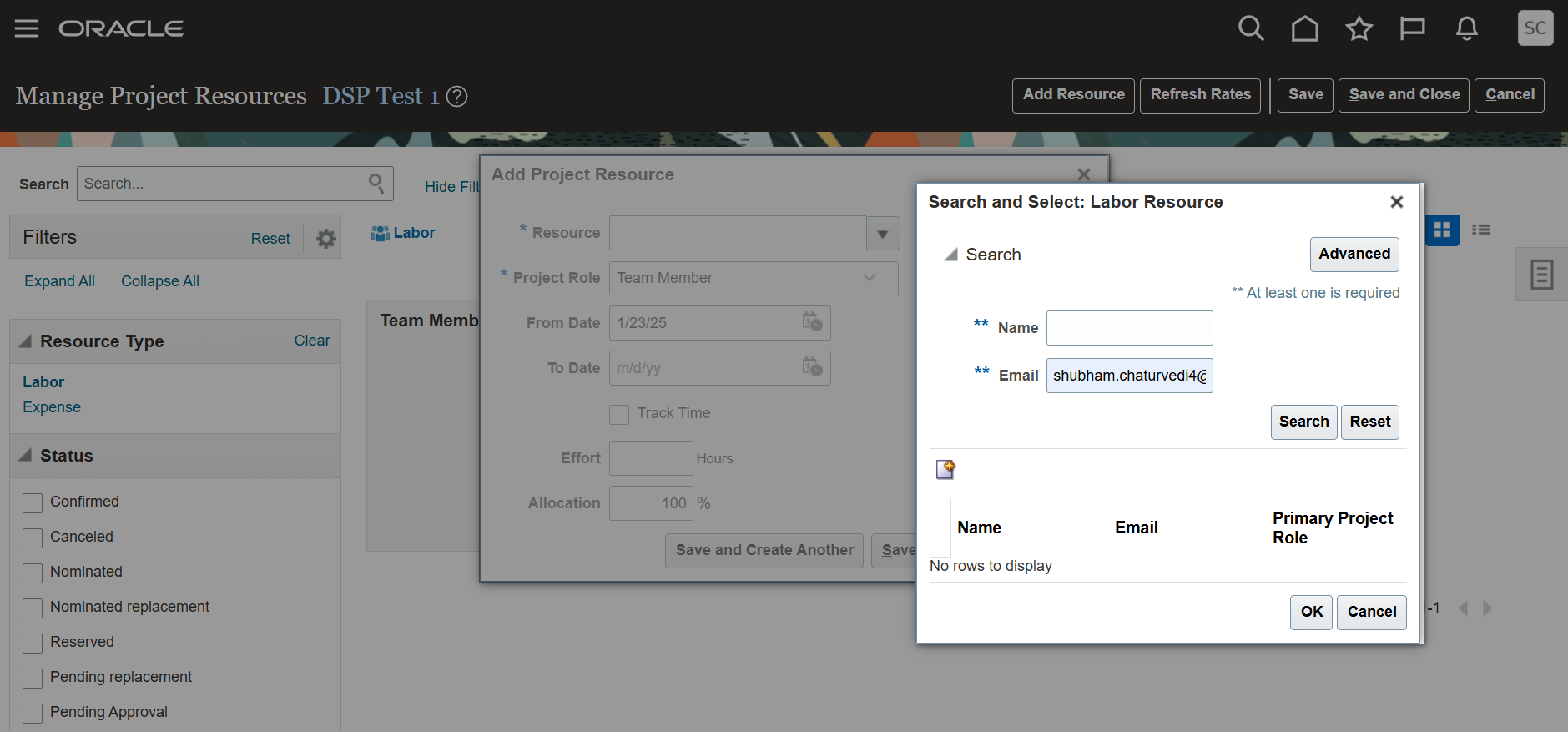 Not able to see project resource when adding via Manage project ...