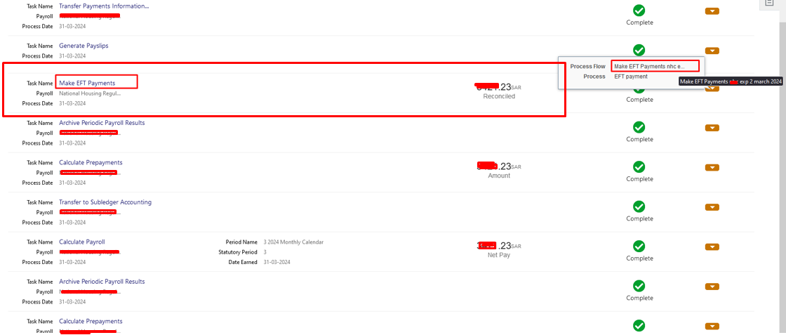 Table links between 'Calculate Payroll' and 'Make EFT Payments' process — Cloud Customer Connect