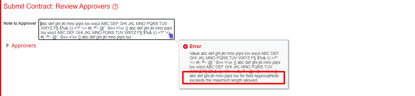 Increase The Character Limit Of Note To Approver Field Coming While Submitting The Contract