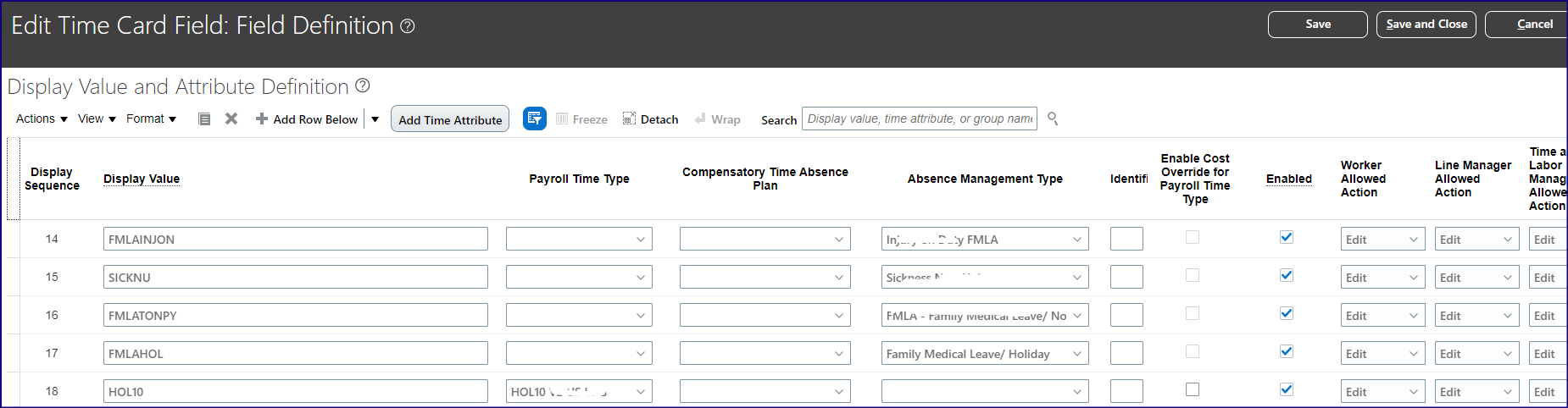 Export the list of configured time attributes and display value from ...