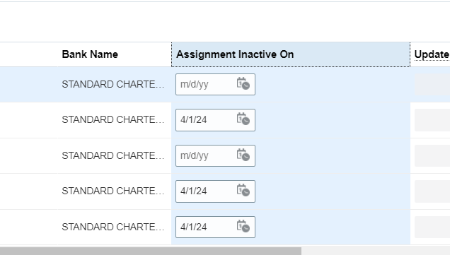 What is the column name for Assignment Inactive Date on Vendor Bank ...