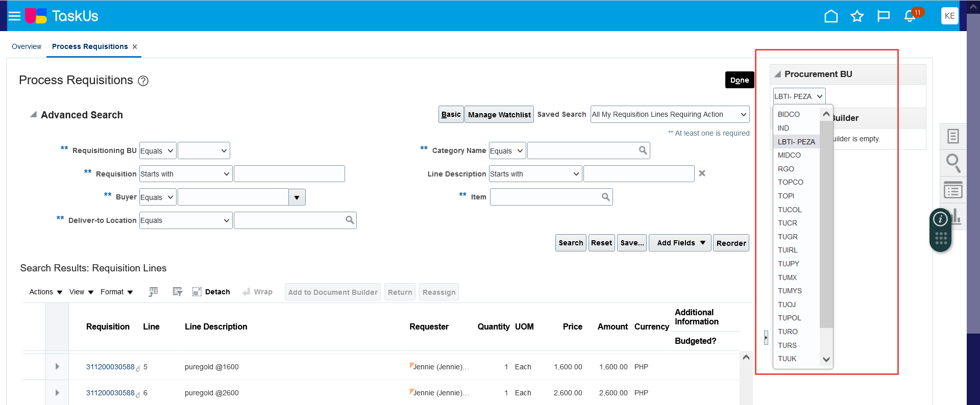 Is it possible to add selection to select "ALL" in Procurement BU via ...