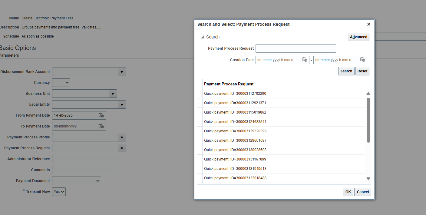 Payment Process Request LOV in Create Electronic Files — Cloud Customer Connect