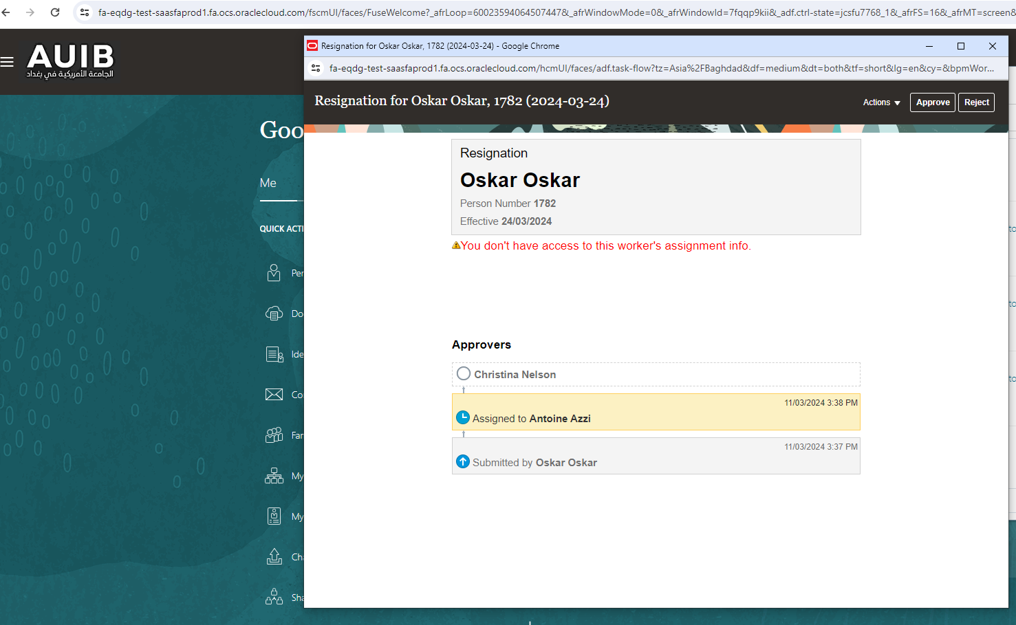 Employee Resignation>Line Manager notif:You don’t have access to this worker’s assignment info ...