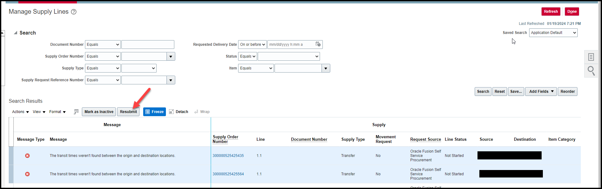 Resubmit the transaction stuck in Manage Supply — Cloud Customer Connect