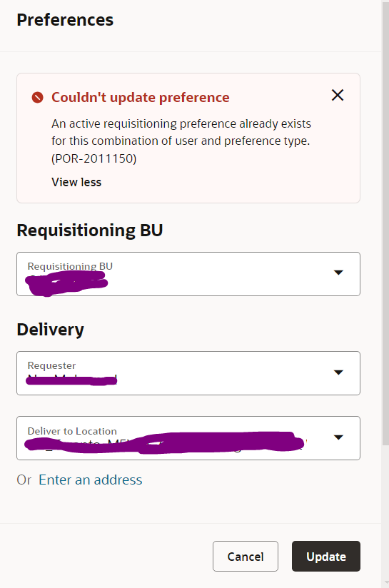 Unable To Update The Requisition Preferences For The Business User