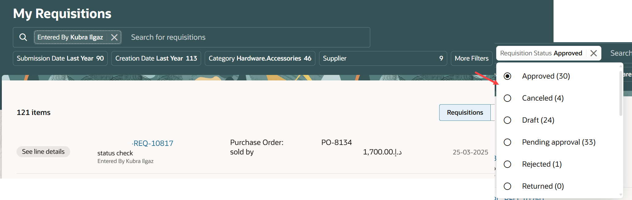 Filtering for Requisition Status on the My Requisitions Page of RSSP — Cloud Customer Connect