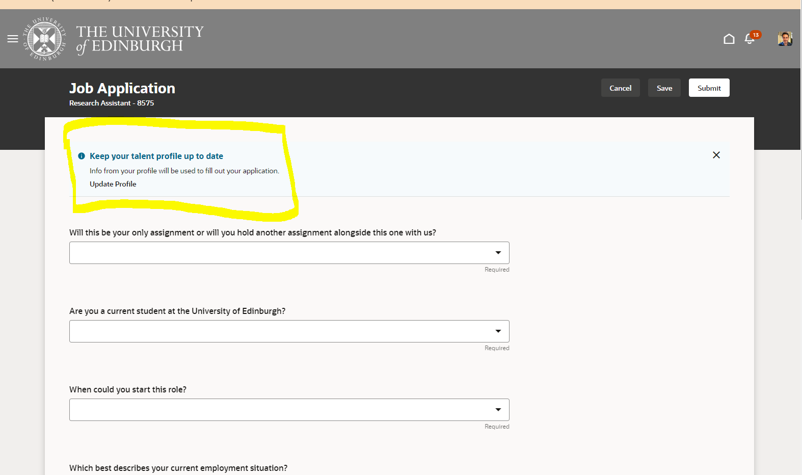 How do you change the talent profile text on the internal apply flow ...