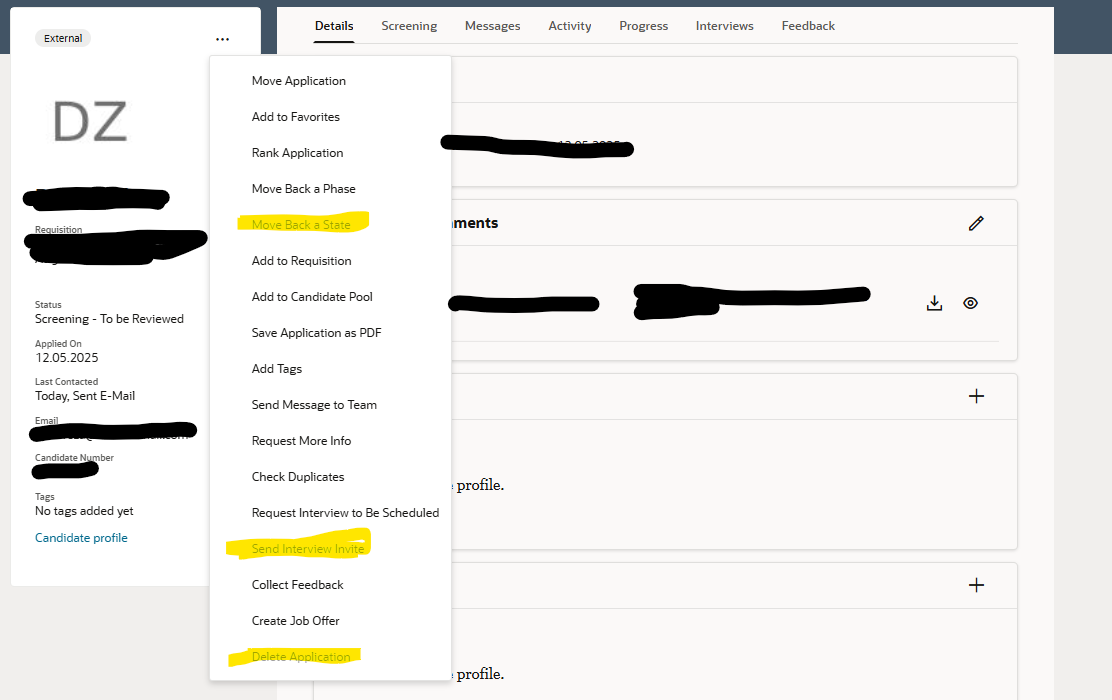 Candidate Details - Remove greyed-out fields like send interview invite ...