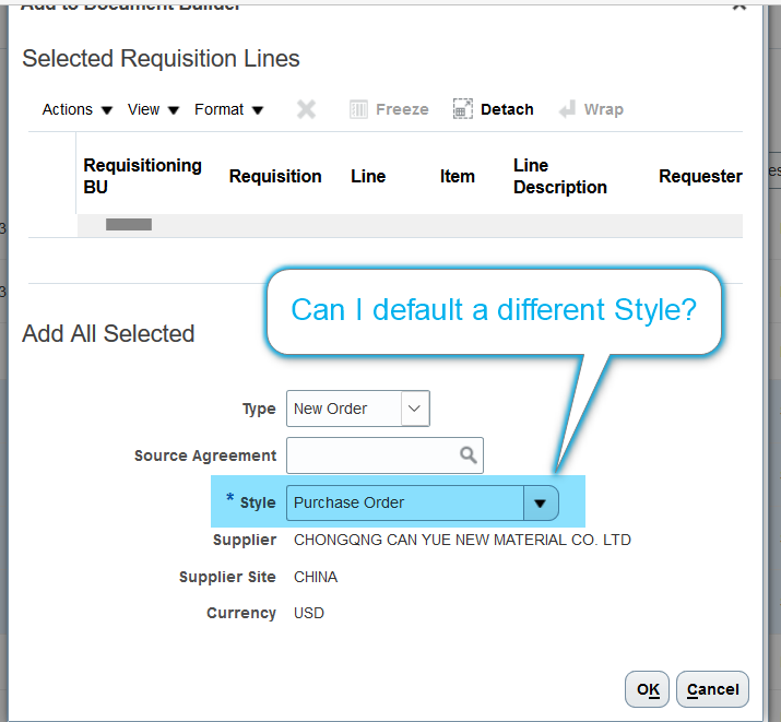 Defaulting Document Style While Processing Purchase Requisition — Cloud Customer Connect