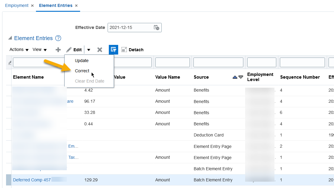 Reporting on element entry Correction - getting new and former values? — Cloud Customer Connect
