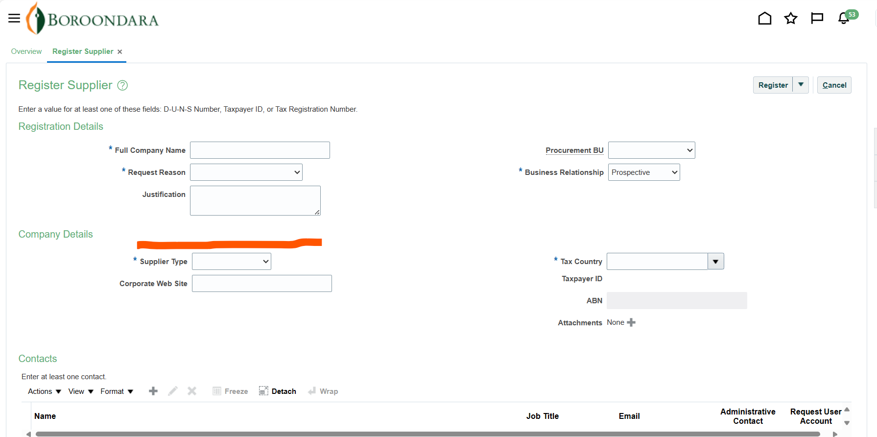 Supplier Registration Page — Cloud Customer Connect