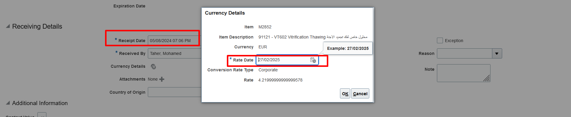 How can I set the default conversion rate date to the receipt date ...