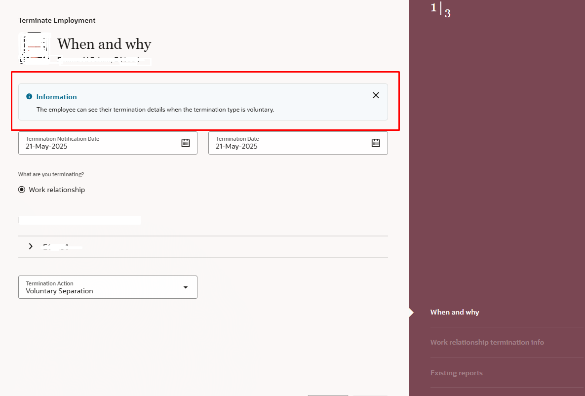 Redwood Termination V3 Ability To Remove Information Message — Cloud Customer Connect