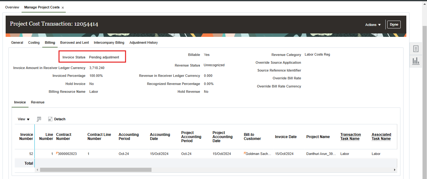 what is the table name and column name for project costing invoice ...