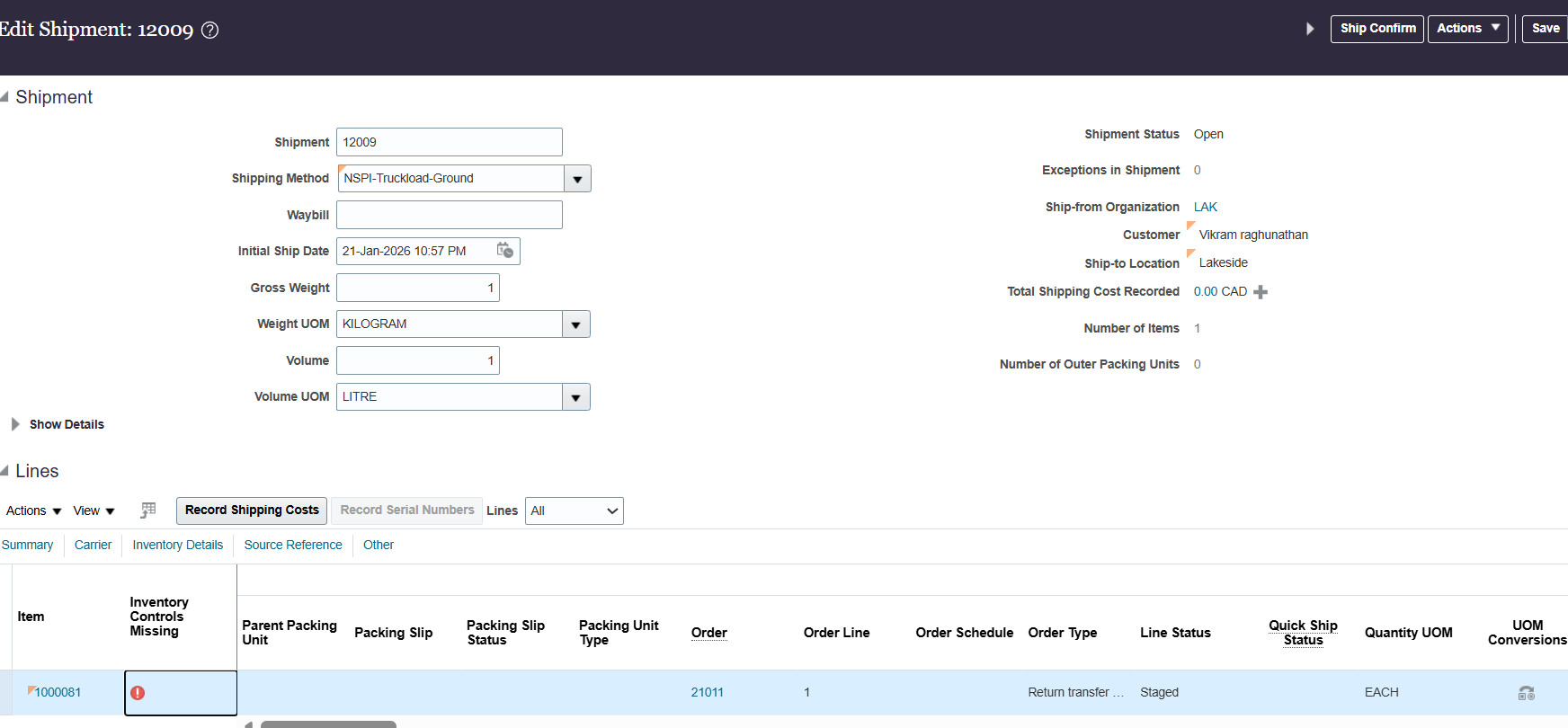 Unable to ship confirm a return transfer order created against the ...