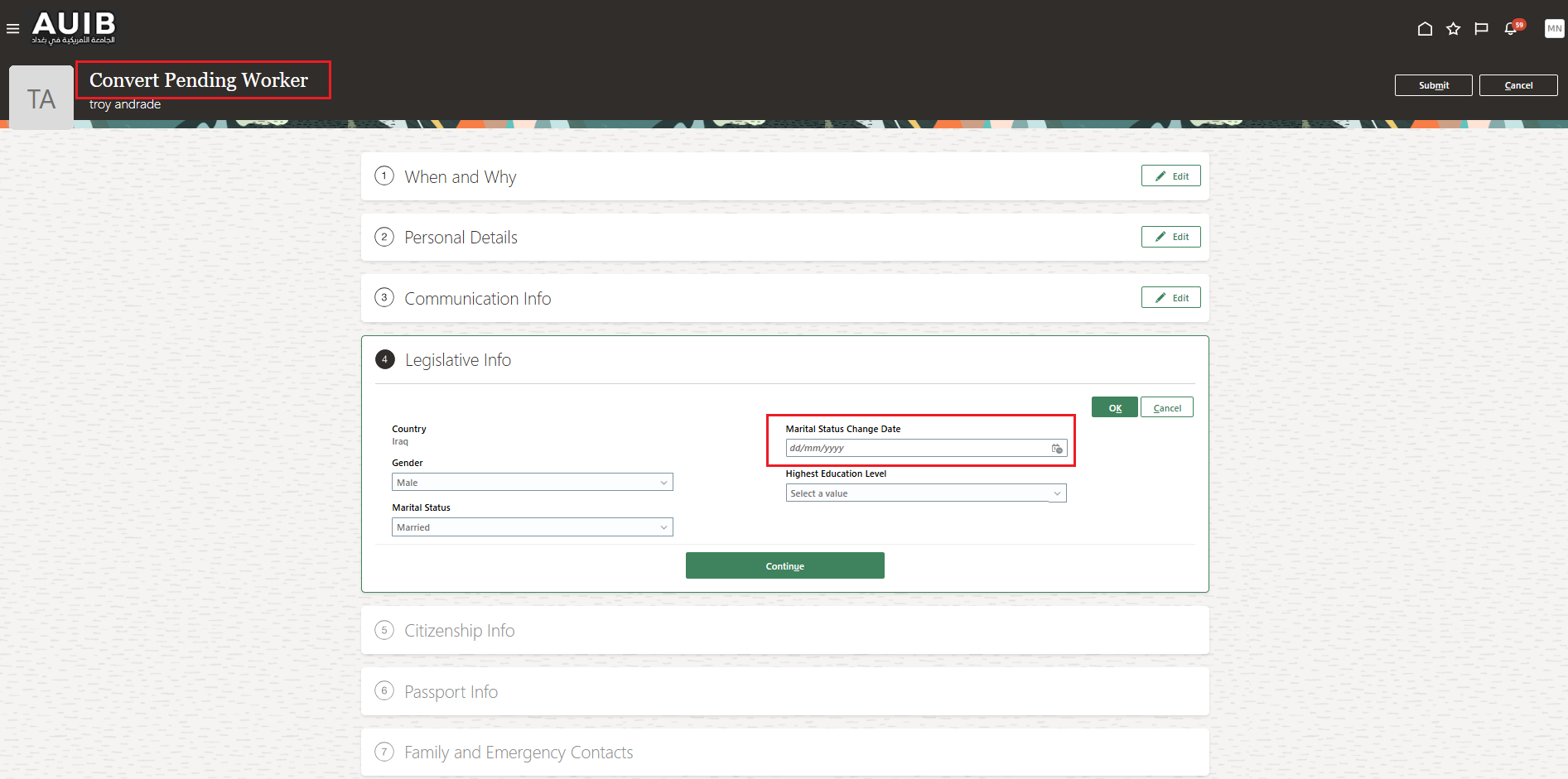 Use Case #6 > Convert Pending Worker > Legislative Info > Validation on Marital Status Change ...